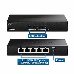 TRENDnet 5-Port Unmanaged 2.5G Gaming Switch, 5 x 2.5GBASE-T Ports, 25Gbps Switching Capacity, Backwards Compatible with 1000Mbps Devices, Fanless, Wall Mountable, Lifetime Protection, Black,TEG-S350