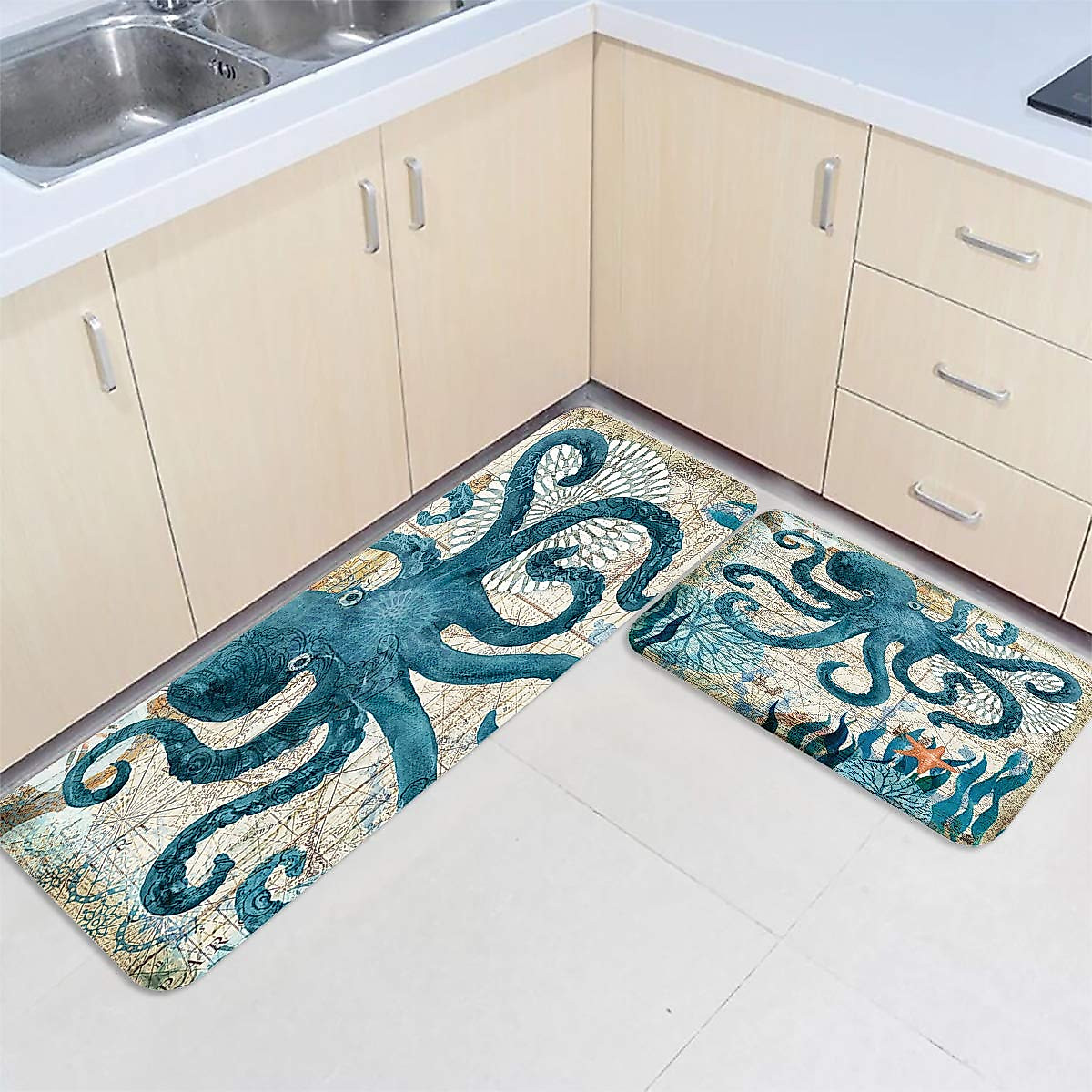 Livencher Kitchen Floor Rug Set 2 Piece Non-Slip Bath Mat Doormat Area Rug Floor Mat for Indoor Home Hotel Office Use, Sea Theme Blue Octopus Coastal Navigation Map 15.7x23.6in+15.7x47.2in