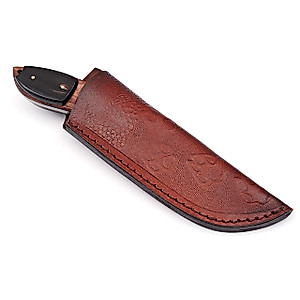 TMBrands Damascus Hunting Knife, Fixed Blade Knife & Camping Knife with Rose Wood & Buffalo Horn Handle & Knife Sheath