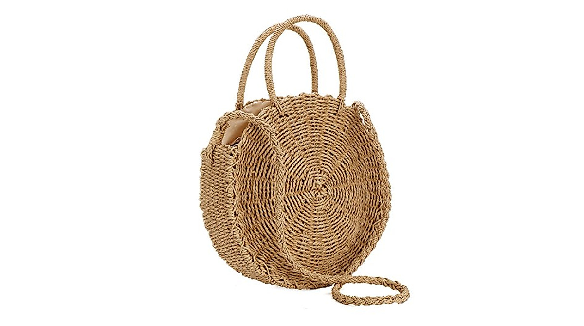 Handwoven Round Rattan Bag with Leather Straps - Natural Summer Style