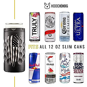 Hooch|Hog Slim Can Cooler Stainless Steel for 12 oz. Skinny Cans | 3x Insulated Beer Can Holder for Michelob Ultra, White Claw, Truly & Redbull (Patriot Edition Black)