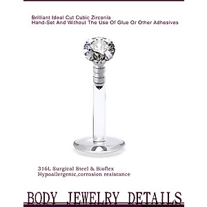 Jenxnjsjo Plastic Threaless Cartilage Earring Labret Lip Rings Ashley 16g 8mm 16 Gauge Surgical Steel Clear Flat Back Tragus Helix Conch Medusa Monroe Piercing Jewelry for Women Internally Threaded