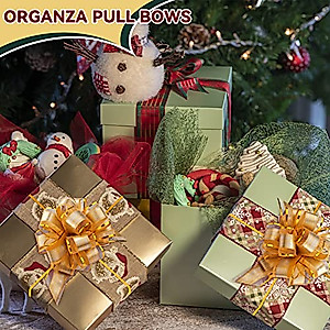 Amcami 20 Pieces Large Christmas Pull Bows for Gift Wrapping Big Gold Ribbon Bows for Xmas Gift Baskets Wine Bottles Decoration Gift Bows Organza Pull Bow for Wedding Party Birthdays Holidays