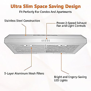Range Hood 30 inch, 600 CFM Under Cabinet Range Hood with Strong Suction for Duct/Ductless Convertible, Stainless Steel Kitchen Hood with 3 Speed Exhaust Fan and Two Bright LED Lights