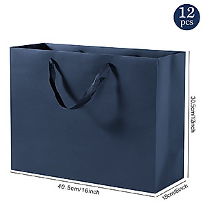 Umoofine Large Navy Blue Gift Bag 12 Pack, 15.7x5.9x12 Inches Extra Large Kraft Gift Bags with Ribbon Handles, Reusable Heavy Duty Kraft Navy Blue Paper Bags Bulk for Shopping, Wedding, Gift, Retail