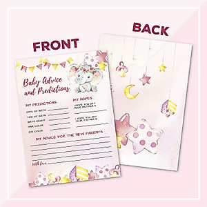 50 Deluxe Pink Elephant Advice and Predictions Cards- Large Double Sided 5 x 7 Inch for Baby Girl Shower Game, New Parent Message Book, Mom & Dad to Be, Decorations