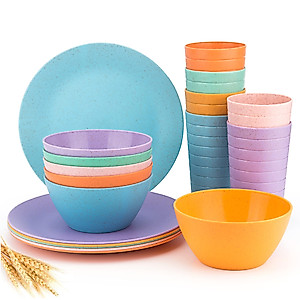 Wheat Straw Dinnerware Unbreakable Wheat Straw Tumblers, Bowls & Plates Dinnerware Set | Set of 18 in 6 Assorted Color | Dishwasher safe, BPA Free
