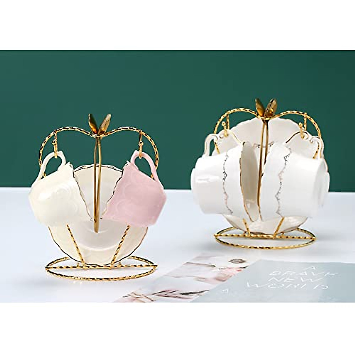 ikasus 2 Cups Stand Metal Cups Holders, Heart Shaped Cup and Saucer Holder Water Cup Drain Rack Household Kitchen Coffee Mugs & Tea Cup Storage Rack Stainless Steel Tabletop Coffee Mug Holder Gold