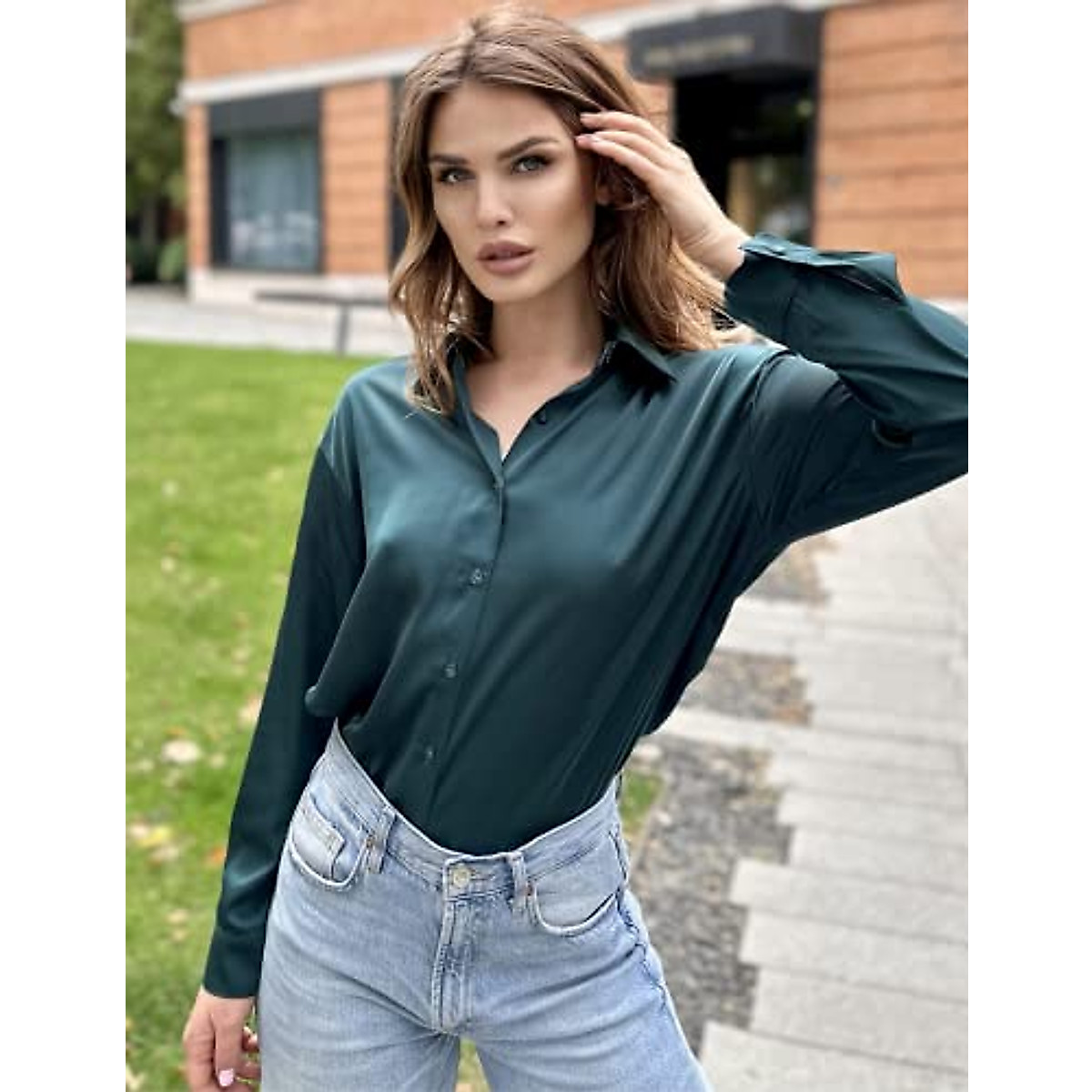 Chigant Women's Long Sleeve Shirts Satin Silk Work Blouse Button Down Tunic Tops(Dark Green,Small)