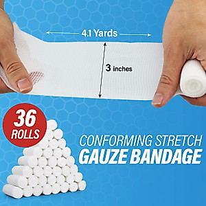 Gauze Bandage Rolls –36 Rolls- Premium First Aid Supplies for Safe Adventuring–Flexible, Stretchable, Breathable Gauze Rolls – 3” x 4.1 Yards Bandage Wrap for Wound Dressing