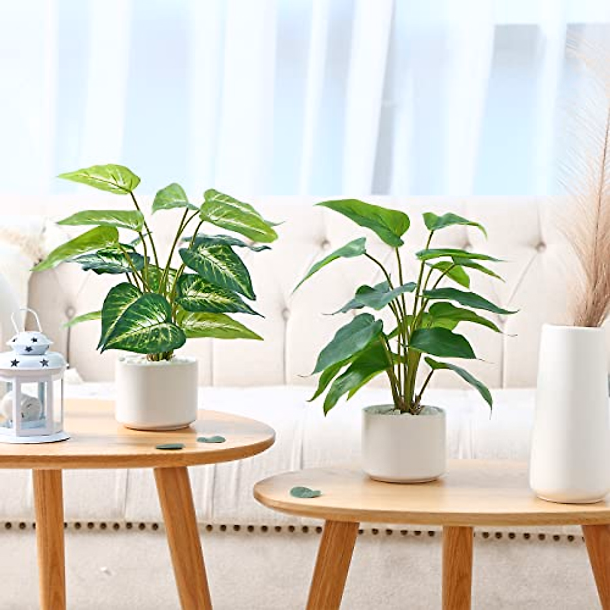 CEWOR Artificial Plants Indoor,2 Pack,11.8 Inch, Fake Plants in Ceramic Pot,Faux Green Leaf Plant with Modern White Planter,Desk Shelf Office Room Home Decoration Indoor