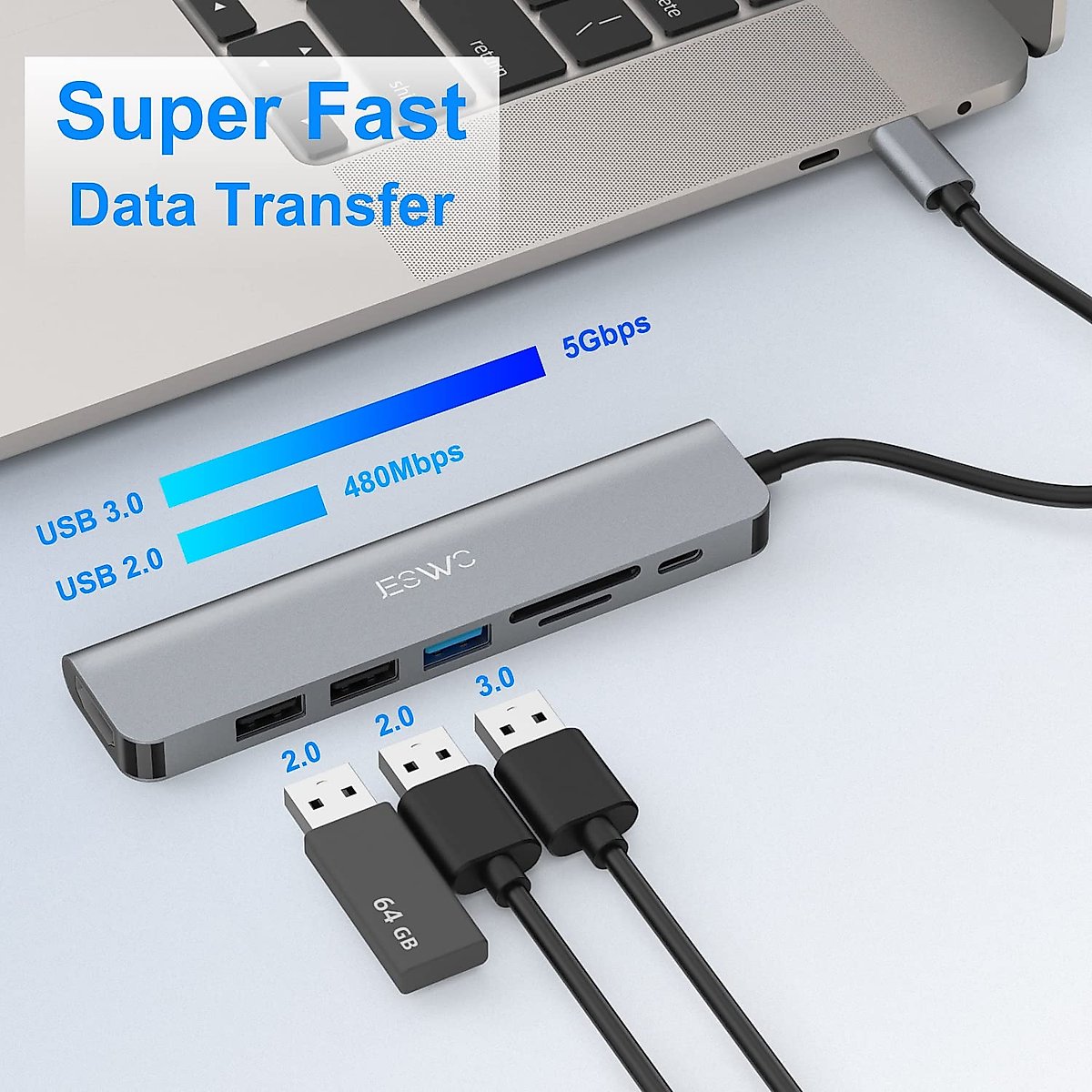 JESWO USB C Hub/Adapter, 7 in 1 with 4K HDMI Output, USB 3.0, 2 USB-A, SD/TF Card Reader, 100W PD, USB C Dongle for MacBook Pro/Air, Dell XPS More Type C Devices