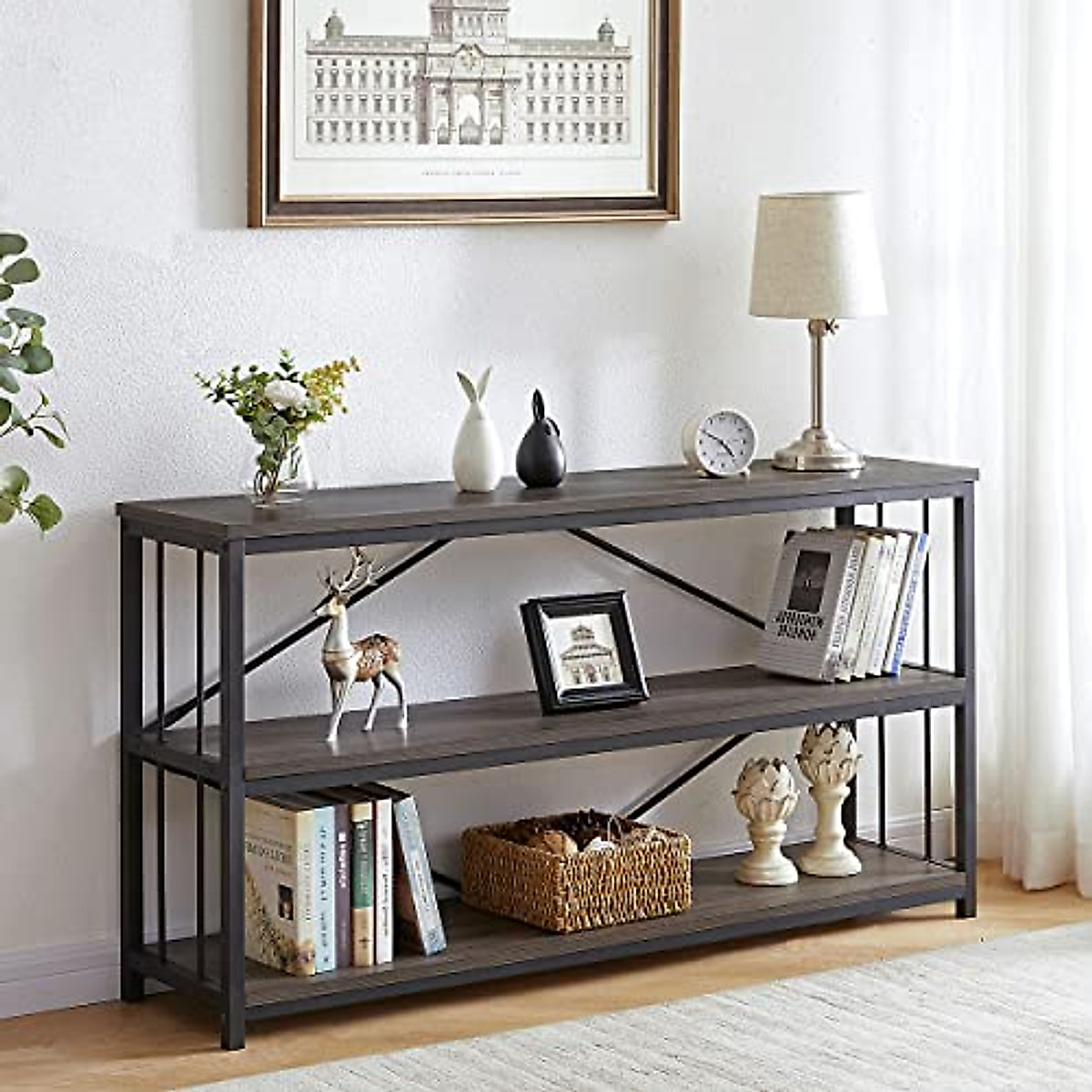 LVB Industrial Console Table, Metal and Wood Sofa Table, Rustic Entryway Table with Storage, Modern 3 Tier Shelf Long Foyer Tables Behind Couch for Home Living Room Hallway, Dark Gray Oak, 55 Inch