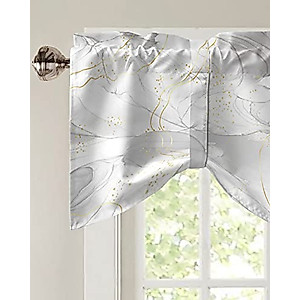 Tie Up Valance Curtains Abstract White Grey Marble Stone Kitchen Cafe Valances for Windows,Rod Pocket Adjustable Balloon Window Shades for Living Room Bathroom Natural Agate with Gold Line,1 Panel