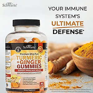 Turmeric Curcumin Ginger Gummies - 120 Count (60 Day Supply) - Natural Joint Support - Vegan Turmeric Gummy Supplement for Ultra High Absorption - Non-GMO - Made in The USA - Delicious Peach Flavor
