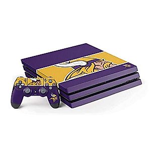 Skinit Decal Gaming Skin Compatible with PS4 Pro Console and Controller Bundle - Officially Licensed NFL Minnesota Vikings Zone Block Design