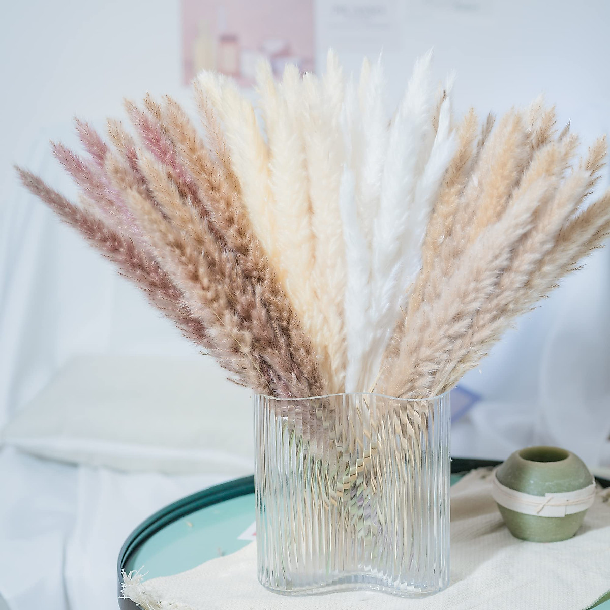 MnS Glam 75 Pc Natural Dried Pampas Grass-25 Pc Cream White Pampas/ 30 Pc Brown Pampass/ 20 Pc Beige Pompus Reed Grass 17.5" Fluffy Stems Dry Pompous Bouquets for Home Decor Wedding Flower Arrangement