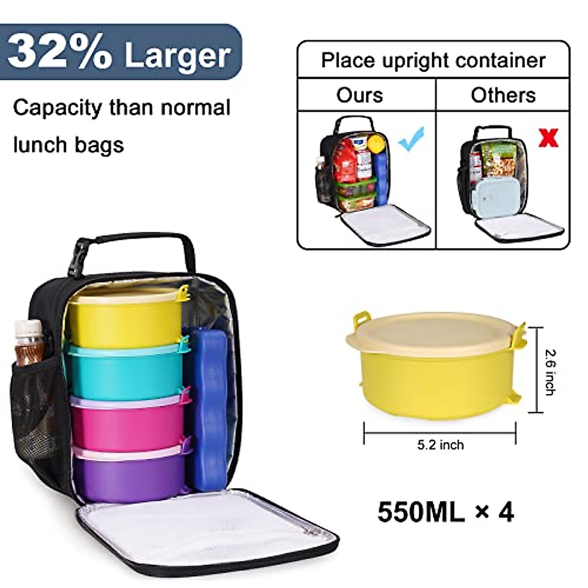EurCross Insulated Rectangle Lunch Box with Carrying Strap, Portable Flat Mens Lunchbox for Work, 32% Larger than other Slim Small Lunch Bag, Reusable Mini Cooler Bag for Women Adult, Black
