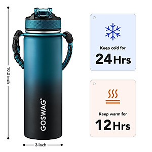 GOSWAG Insulated Sports Water Bottle, 24oz 2 Lids(with Straw/No Straw), Stainless Steel Water Bottles with Paracord Handle, Insulated Thermos with Double-Wall Vacuum Insulation