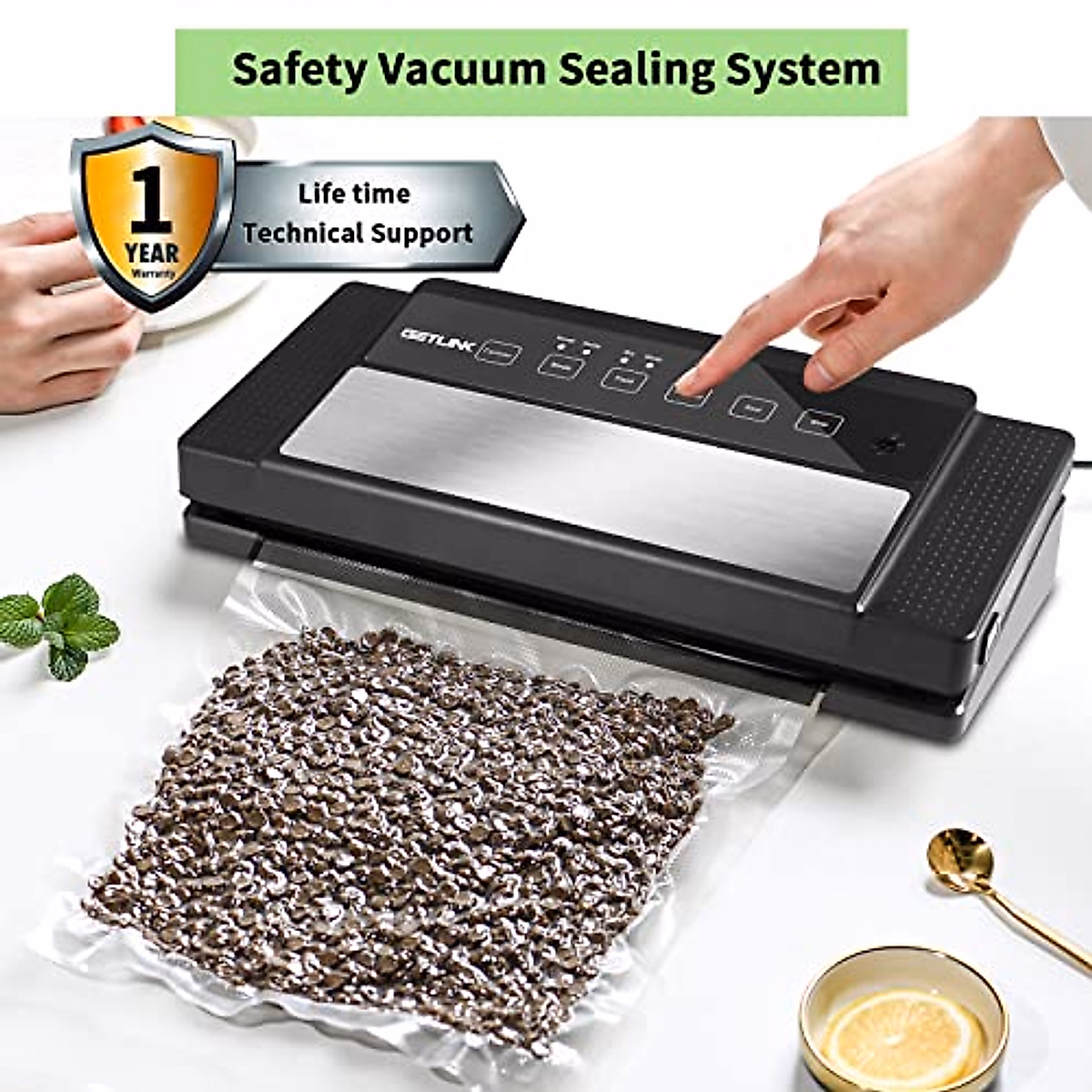 Automatic Vacuum Sealer for Food Savers - Safety Compact Vacuum Sealer Machine with 4 Sealing Modes and Vacuum Seal Bags & Rolls Starter Kit for Food Storage and Sous Vide, Black