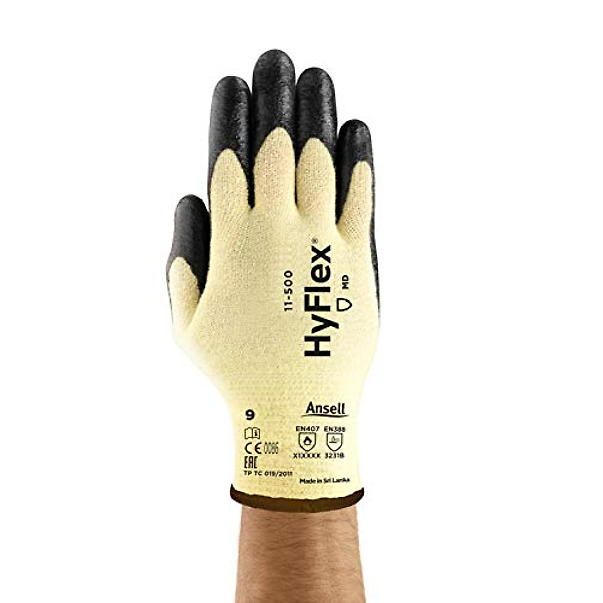 Ansell HyFlex 11-500 Kevlar Glove, Cut Resistant, Black Foam Nitrile Coating, Knit Wrist Cuff, Large, Size 9 (Pack of 12)