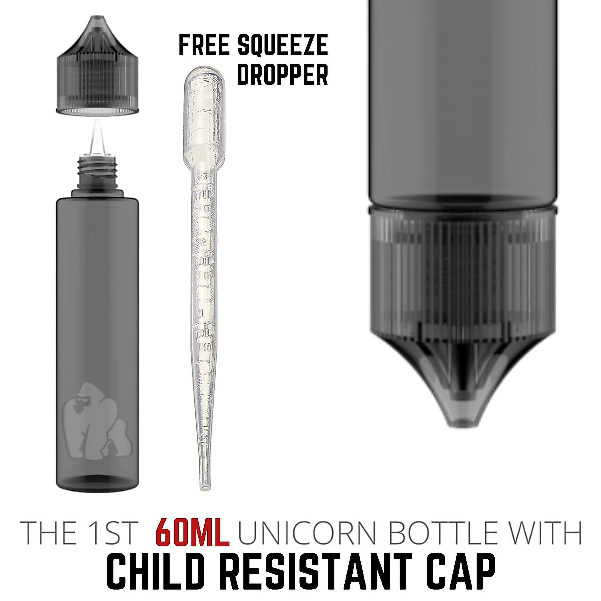 Chubby Gorilla LDPE PET Plastic Unicorn Squeeze Bottle 60ml (10 Pack) Dropper bottle (Transparent Black) REUSABLE, Child Resistant Cap, Easy Drip Tip Applicator Dropper Bottles with Squeeze Dropper