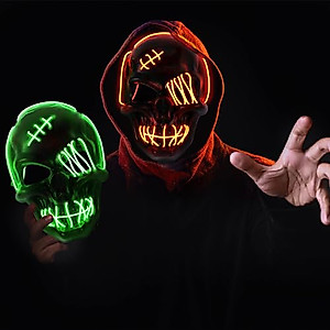 Liliful 2 Pcs Halloween Mask LED Light up Skull Mask Glow in The Dark Scary Spooky Skeleton Mask (Red, Green)