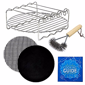 Air Fryer Accessories 8.2 inch Rack with Skewers for Double Layer Compatible with Instant Pot, Ninja Foodi 5qt, 6.5qt and 8qt, Ultrean + More, with Reusable Air Fryer Mats and Cleaning Brush