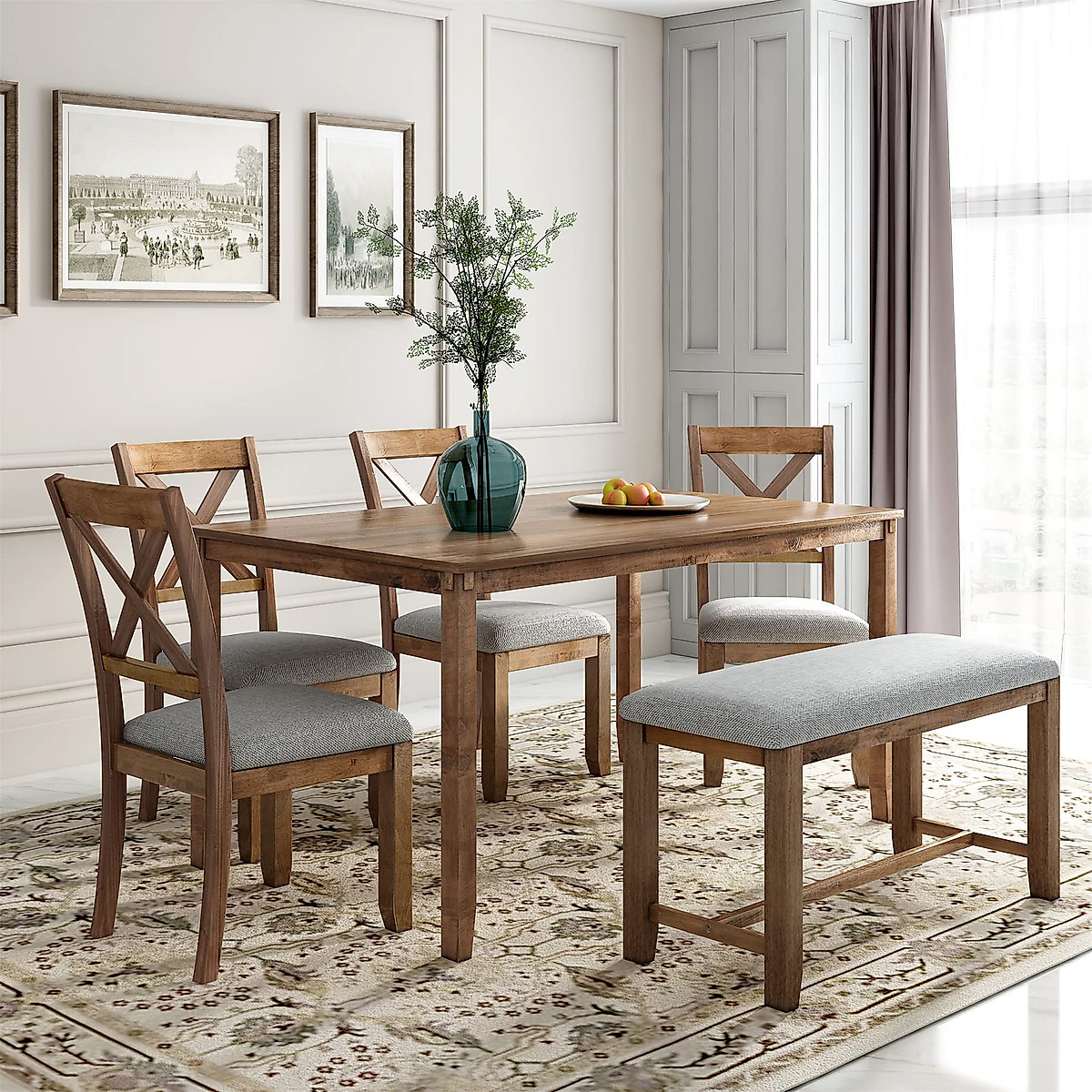 Merax 6-Piece Kitchen Set, Wooden Rectangular Dining-Table, 4 Chairs and Bench Family Furniture, Natural Cherry & Beige
