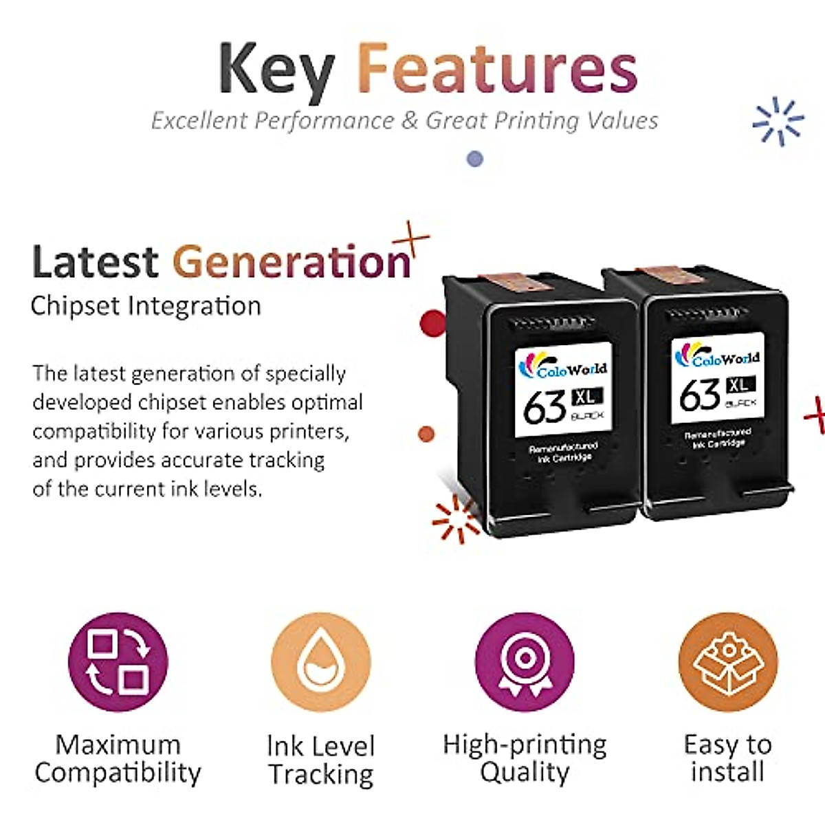 ColoWorld Remanufactured 63XL Black Ink Cartridge Replacement for HP 63 XL for HP OfficeJet 3830 3831 5252 4650 5258 5255 Envy 4520 3634 DeskJet 3636 3630 1112 1110 3637 3639 Printer (2 Pack)