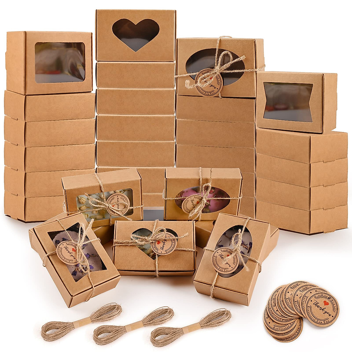 Moukiween 32 PCS Kraft Soap Boxes for Homemade Soap, 3.54 X 2.36 X 1.18 Inch Soap Packaging Gift Boxes with Window, Small Rectangular Soap Wrapping Boxes (Brown)
