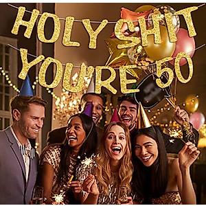 BEISHIDA Gold Holy Shit You're 50 Banner，NO DIY - Gold Holy Shit You're Old Banner,Pre-Strung - Gold Glitter Happy Birthday Garland,Gold Birthday Sign for 50th Party Decorations & Decor