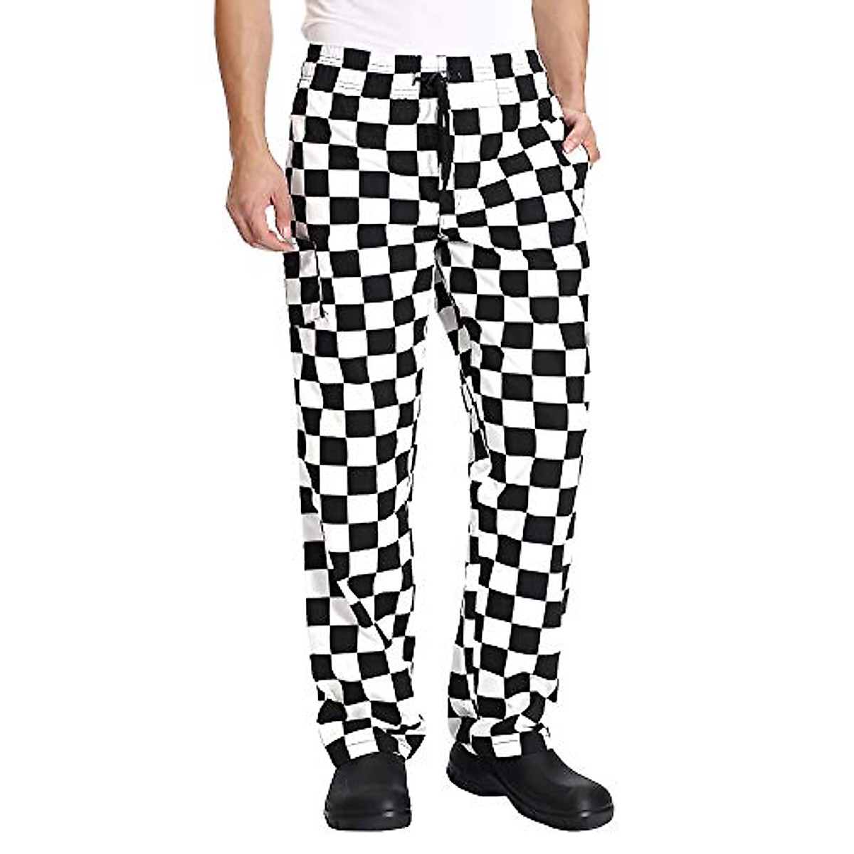 Men’s Black and White Checkerboard Print Chef Pants with Elastic Waist Drawstring Baggy Chef Uniforms BigPlaid M