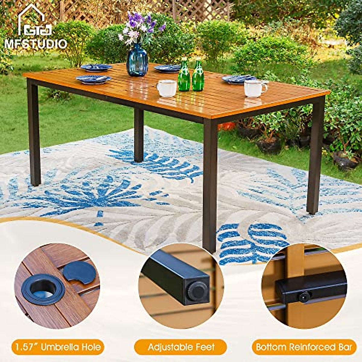 MFSTUDIO 7 PCS Patio Furniture Set with 1 Hand Painting Wood-Like Table and 6 Heavy Duty Metal Chair for Backyard