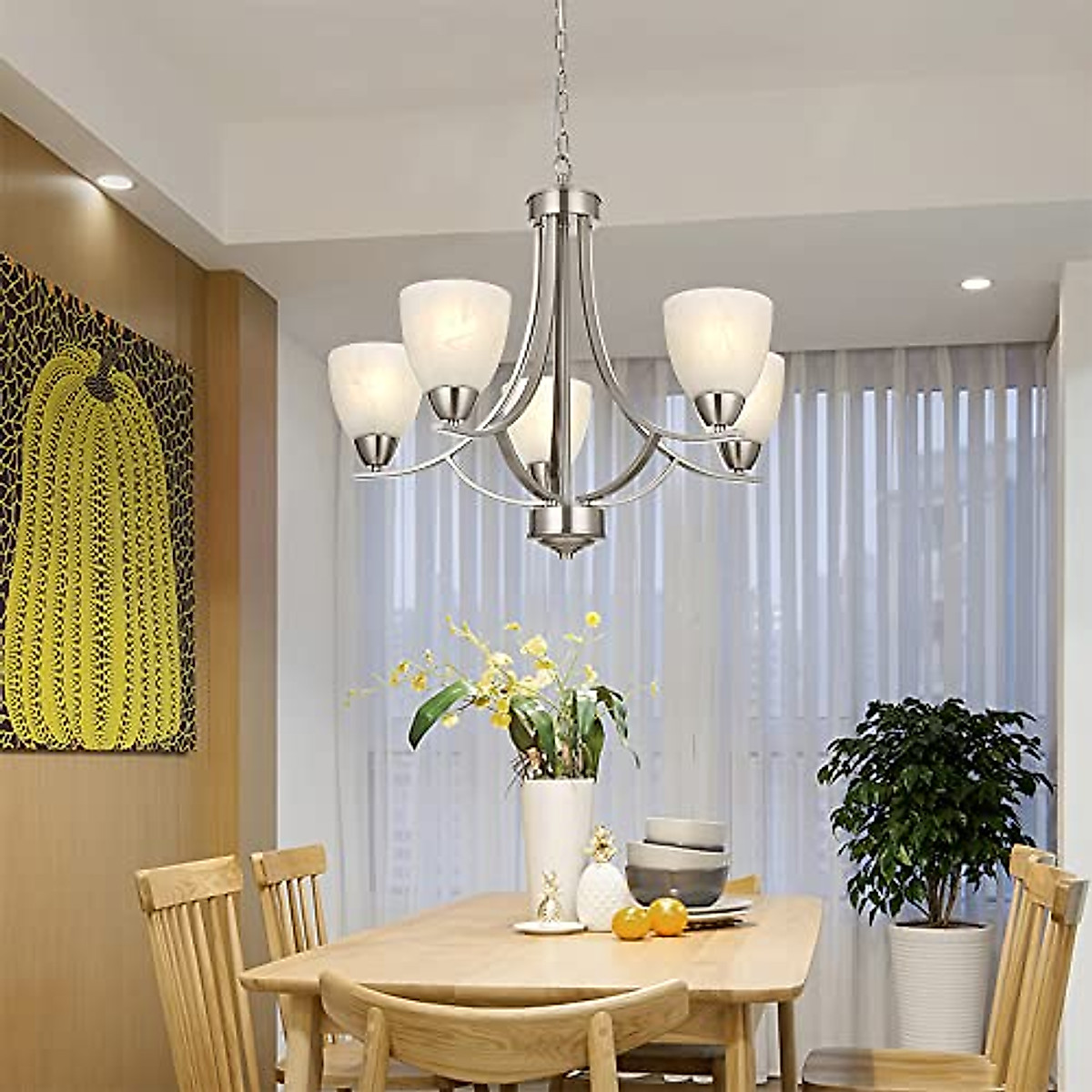 BONLICHT 5 Light Transitional Chandeliers Brushed Nickel Contemporary Dining Room Light Fixtures Ceiling Hanging Modern Pendant Lighting with Alabaster Glass Shade for Living Room Bedroom Foyer Hotel