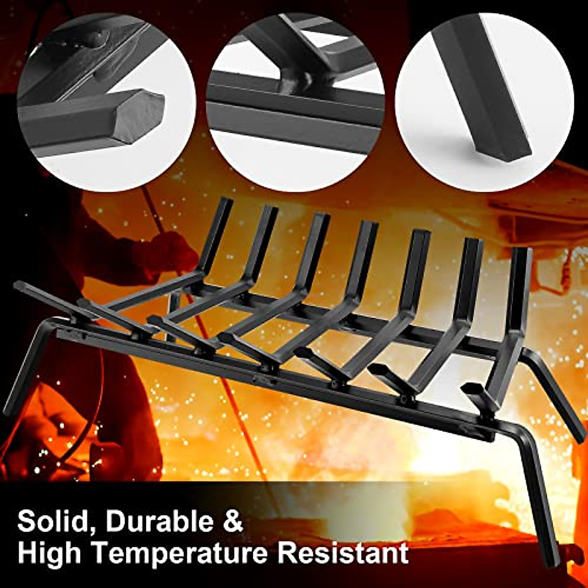 AMAGABELI GARDEN & HOME Fireplace Grates 24 Inch Wide Heavy Duty Solid Steel Fireplace Log Grate Indoor Wood Holder Wrought Iron Fire Grate Wood Rack Outdoor Kindling Wood Stove Hearth Burning Rack