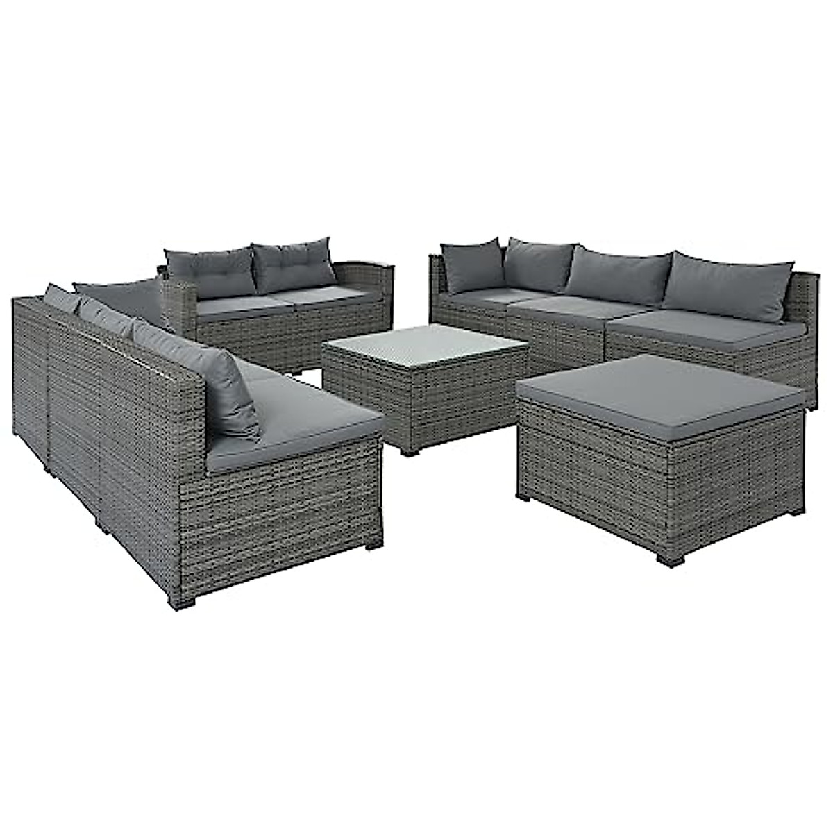 KASUE Outdoor PE Wicker Sofa 9-Piece Set - Perfect for Outdoor Spaces, Gardens, and Poolside, Gray Wicker, Gray Cushion