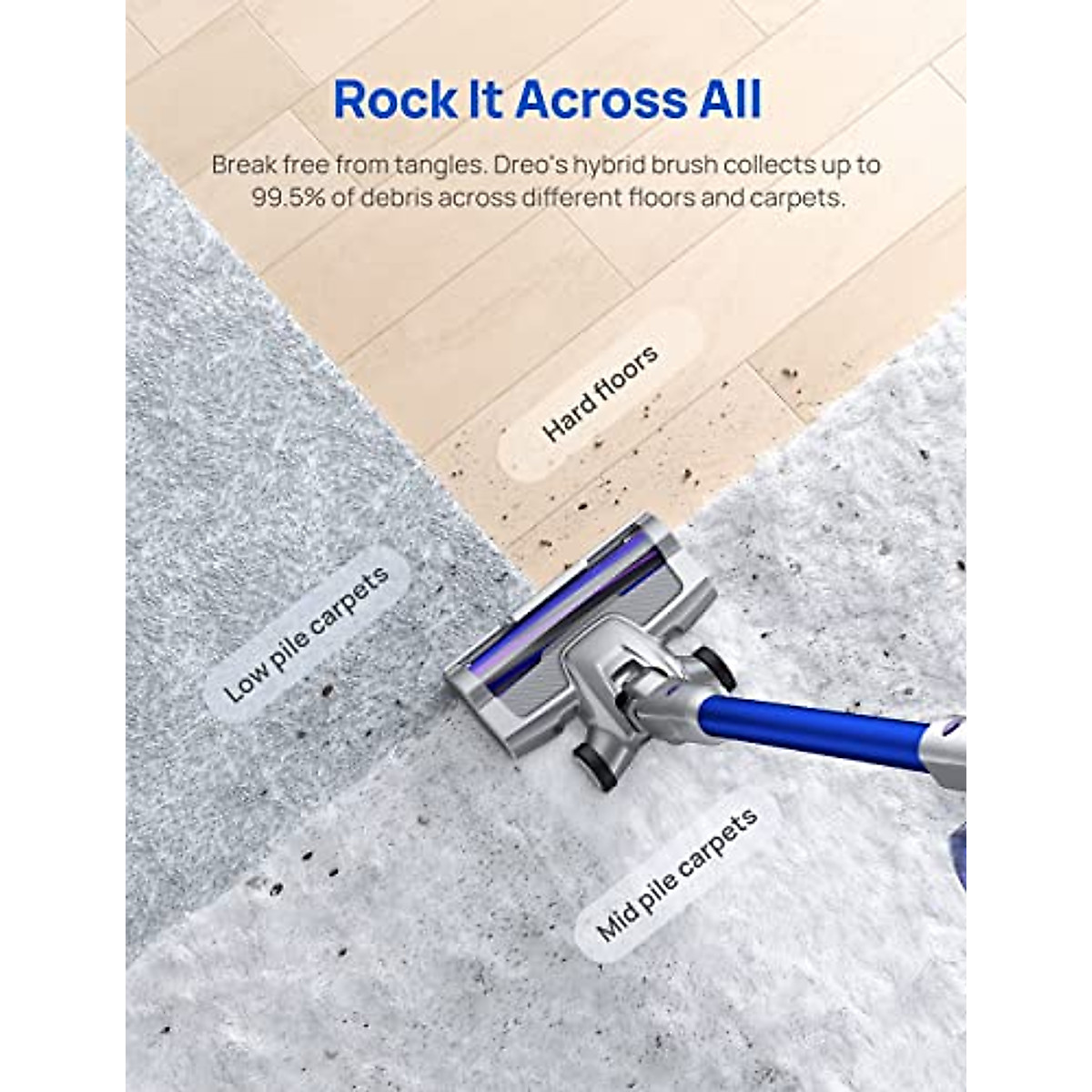 Dreo Cordless Vacuum Cleaner, 25kPa 550W Strong Suction, 3000mAh Detachable Battery, Up to 60 Mins, Handheld/Stick Vacuum with Auto Detect, Tools for Pet Hair, Car, Carpets, Hard Floors, PowerLeap