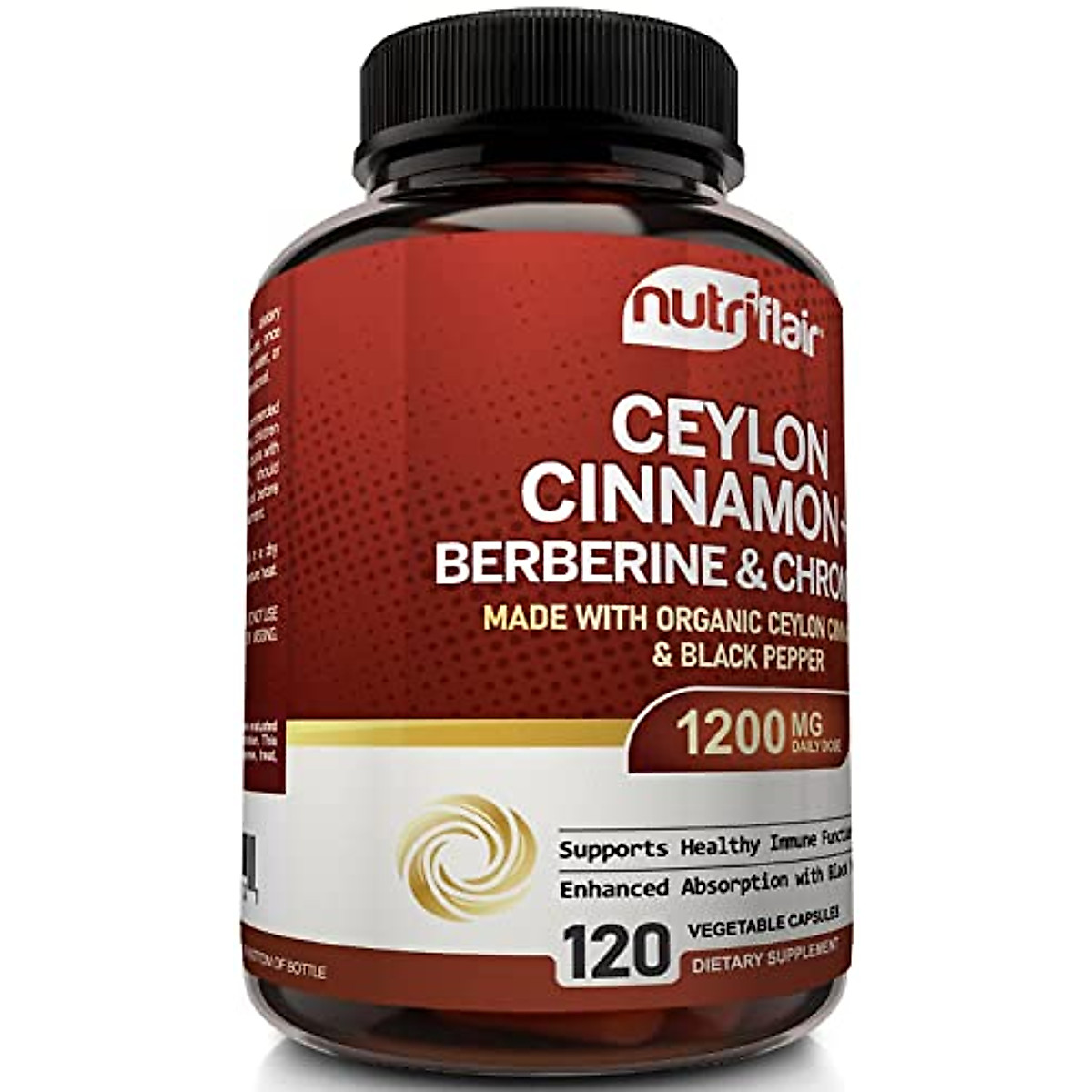 NutriFlair Ceylon Cinnamon, Berberine HCL, Chromium, Black Pepper Extract (Made with True Ceylon Cinnamon) - 1200mg per Serving, 120 Capsules - Lipid Levels, Antioxidant