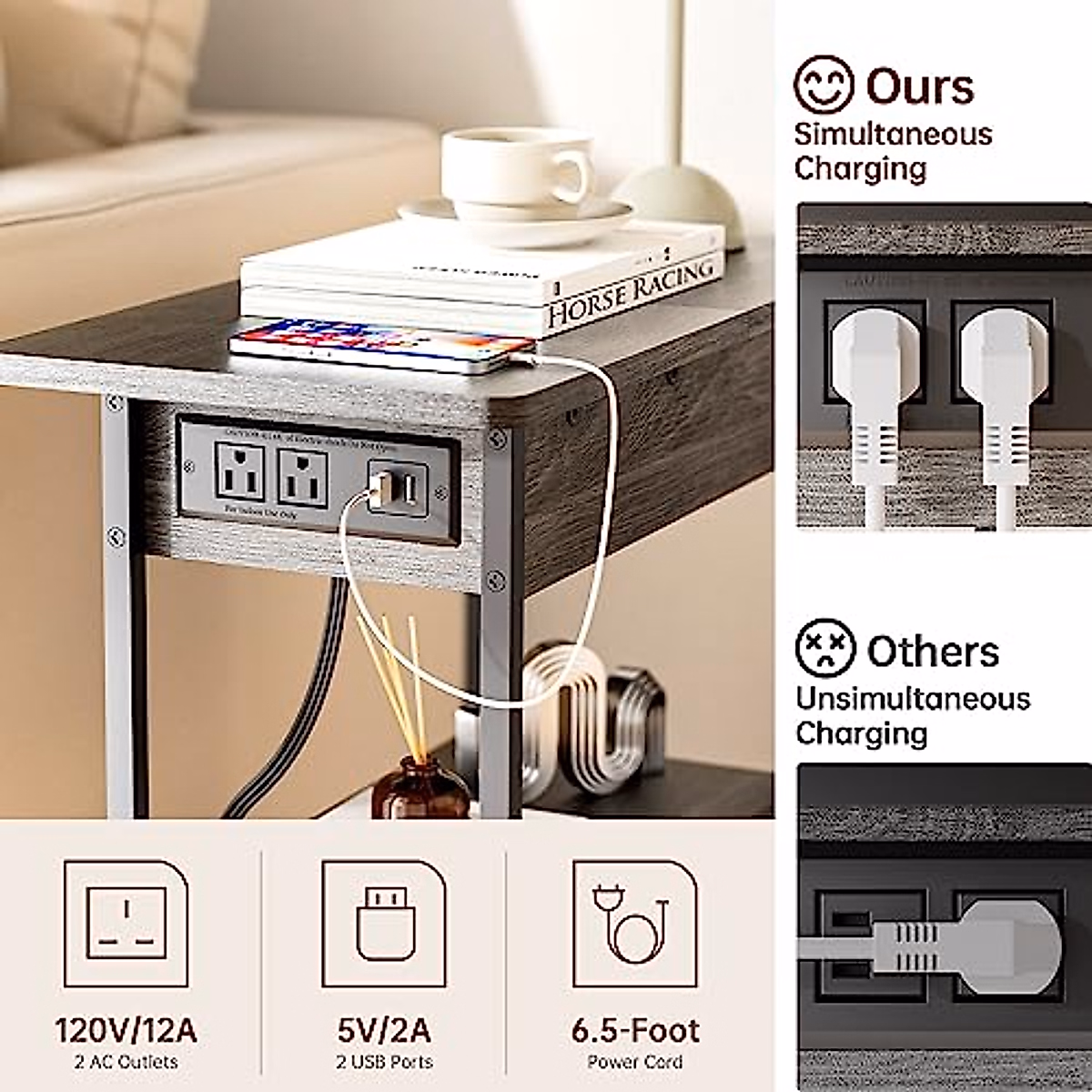 HOUIT End Table with Charging Station, Narrow Flip Top Side Table with USB Ports and Outlets, Nightstand with Storage for Small Spaces, Bedside Tables for Living Room, Bedroom - Gray