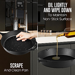 MeJOY 12 Inch Cast Iron Skillet, Heavy-Duty Cast Iron Pan Set With Handle Cover & Scraper, Pre-Seasoned Saute Fry Oven Safe Cookware For Home & Outdoor Cooking & Frying On Stove, Grill & Campfire