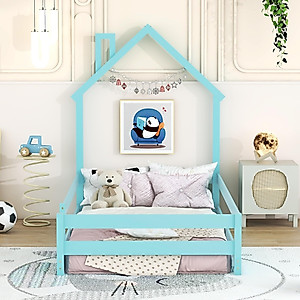 Floor Bed with Rails, Twin Size Montessori Bed with House Shape Headboard and Fence, Wood Floor Bed Frame for Kids Boys Girls, Box Spring Needed, Blue