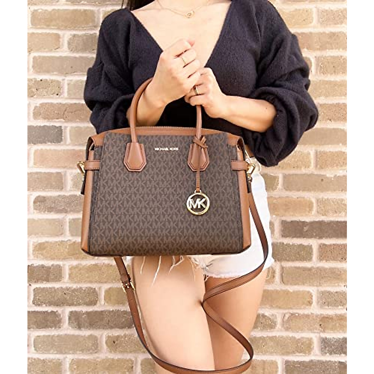 Michael Kors Mercer Medium Belted Satchel Crossbody Brown MK Signature