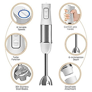Immersion Blender Handheld, 5 in 1 Multi-purpose Hand Blender Electric 500W 6-Speed with Turbo Mode, Stick Blender with 500ml Food Chopper, 600ml Beaker, Stainless Steel Egg Whisk, Milk Frother (5 in 1)