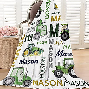 Custom Tractor Blanket with Name for Boys Girls Kids, Personalized Name Blanket Trucks, Soft Flannel Blankets Customized Gift for Children Day Birthday Christmas-40 x50