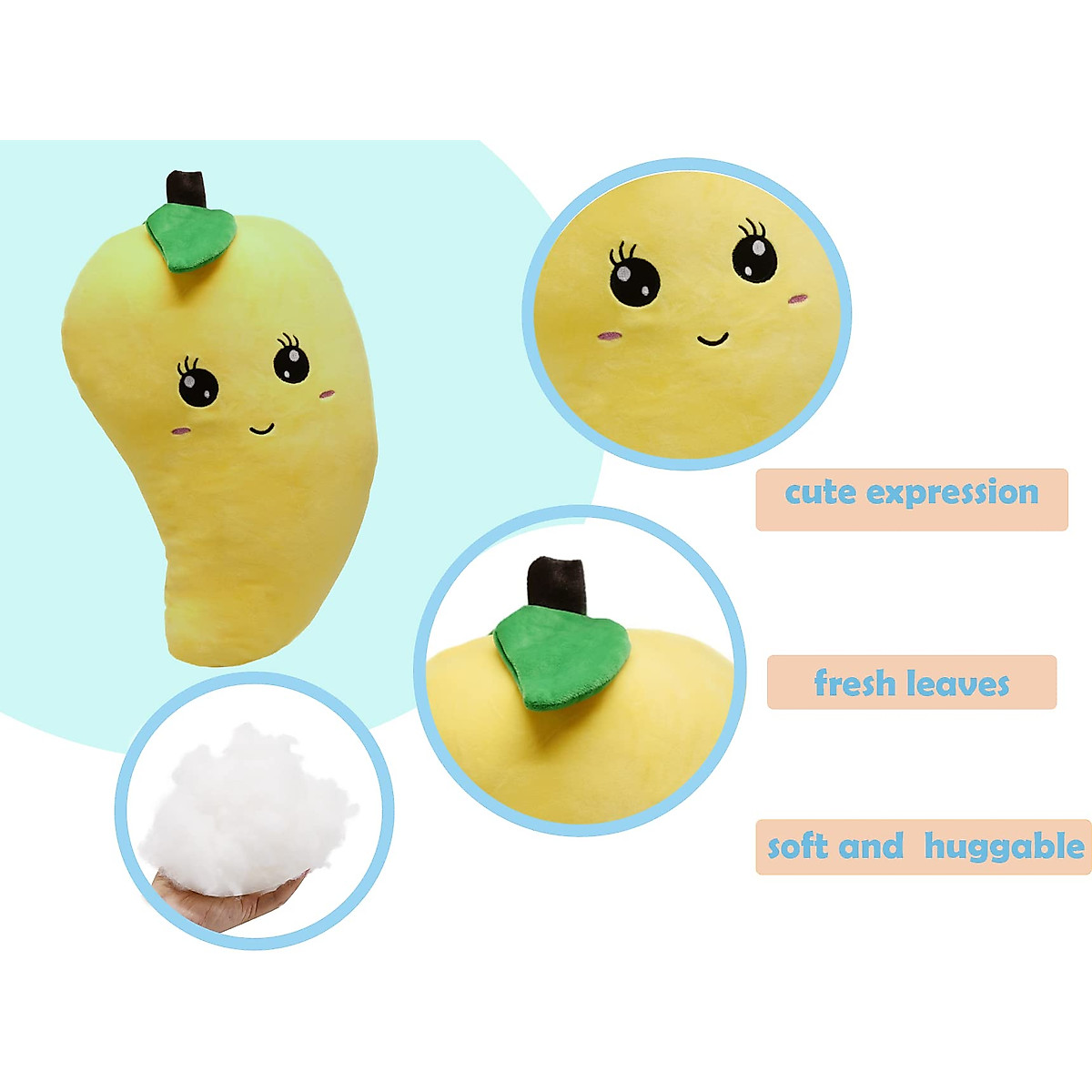 BABOLI Cuddly Mango Plush Toy Pillow Adorable Soft Fruit Stuffed Animal with Smile Face and Cute Expression Pretty Sweet Gifts for Kids Boys and Girls Present for Birthday or Party 17.7 Inches