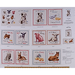 35" X 44" Panel Animal Friends "Who Says Woof?" Baby Animal Sounds Barnyard Sounds Soft Book Cotton Fabric Panel (7300Cream)