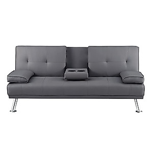 Naomi Home Transform Your Living Space with Comfort Gray Futon Sofa Bed with Armrest, Cupholders, & Reclining Function, Ideal for Cozy Living Rooms! Sofa Bed Couch with Metal Legs, Faux Leather