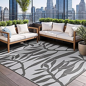 Beverly Rug Floral Leaf Outdoor Rugs 6x9 Waterproof Reversible Plastic Straw Rug Outdoor Carpet, Outside Mat for Patio, Camping, Picnic, Porch, Deck, RV, Beach, Pool, Grey and White