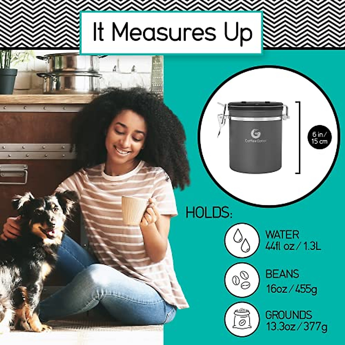 Coffee Gator Coffee Canister, Stainless Steel Airtight Coffee Containers for Ground Coffee with Date-Tracker, CO2-Release Valve, Measuring Scoop & Travel Jar - Medium, 16 oz, Silver